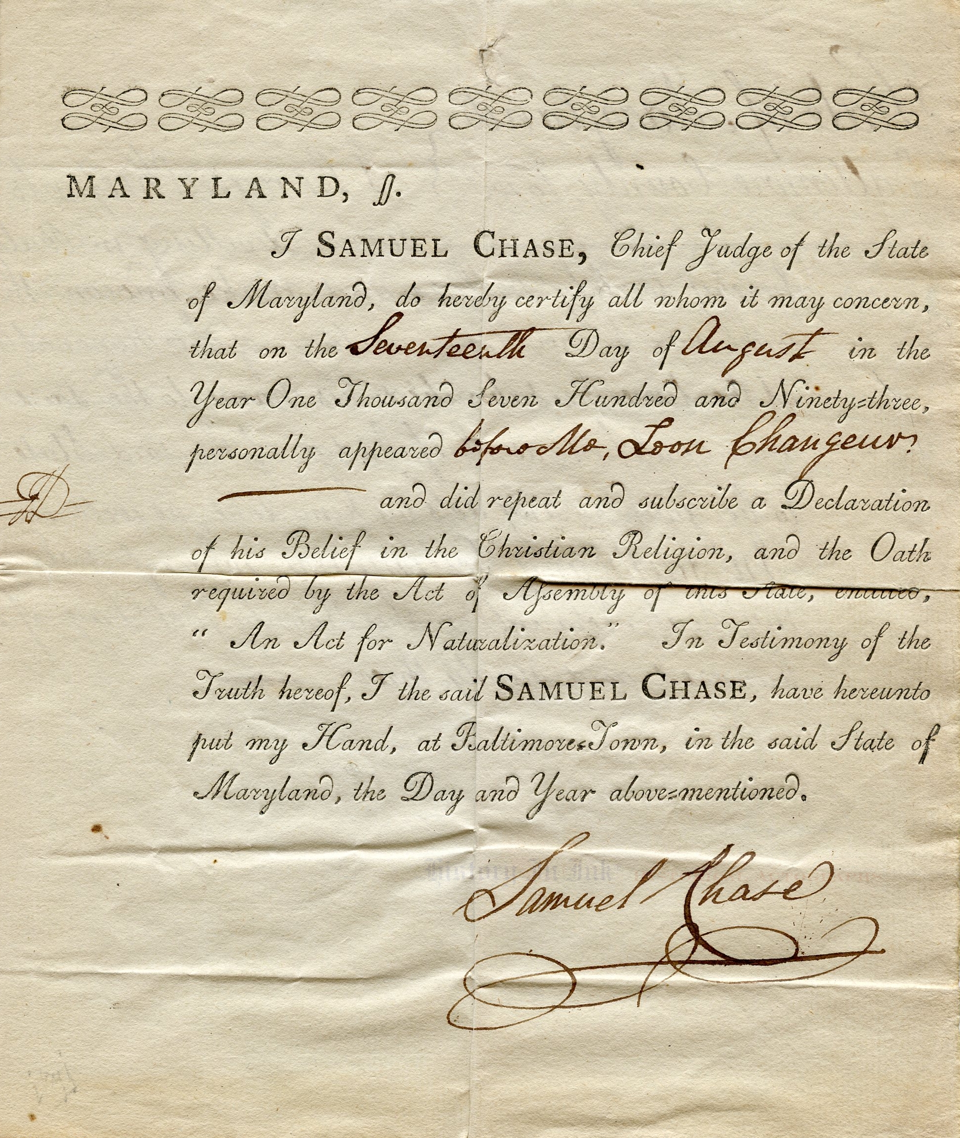 Samuel Chase Autograph - 1528501 - citizenship document signed by Chase, 8-17-1793
